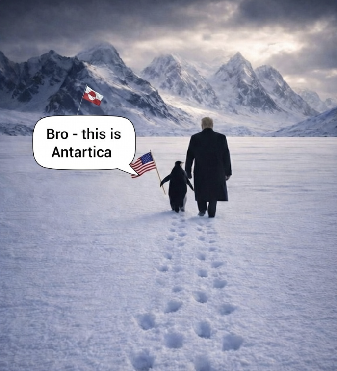 特朗普拖企鵝遊格陵蘭？ 網民恥笑白宮AI圖：南極才有